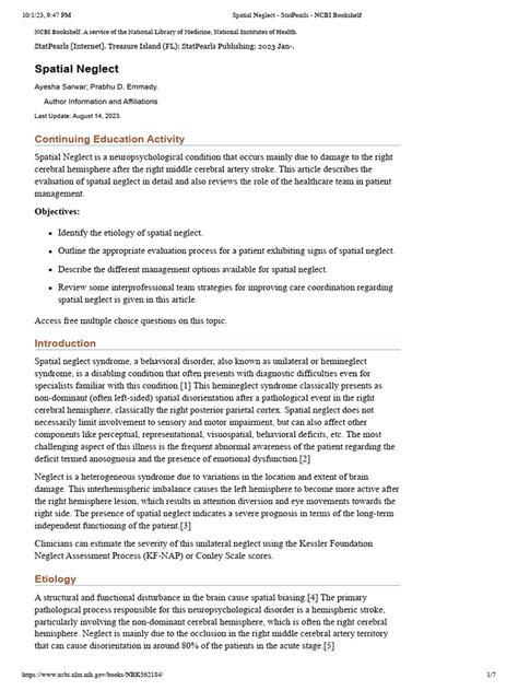 Spatial Neglect Statpearls Ncbi Bookshelf Pdf Cerebral Cortex Parietal Lobe