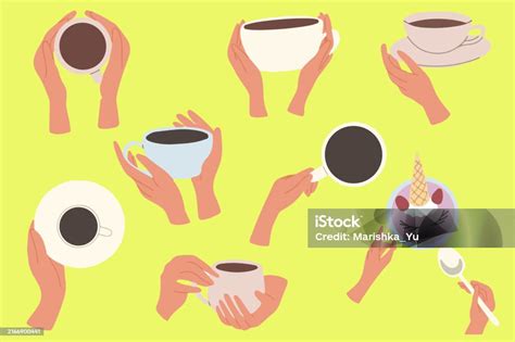 컵을 들고 있는 손의 평면 세트 그림 녹색 배경에 고립 된 벡터 아이콘입니다 Ristretto에 대한 스톡 벡터 아트 및 기타 이미지 Ristretto 라떼 마실 것