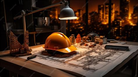 Premium Ai Image A Construction Desk With A Helmet And A Lamp In The