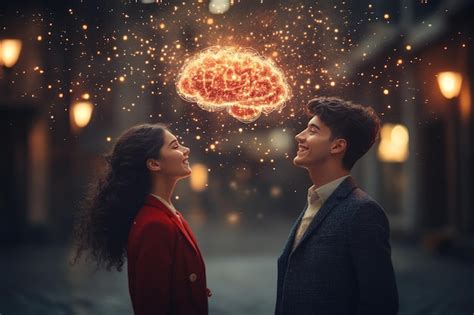 Couple Facing Each Other With Glowing Brain Connection Depicting Cognitive Synchronization