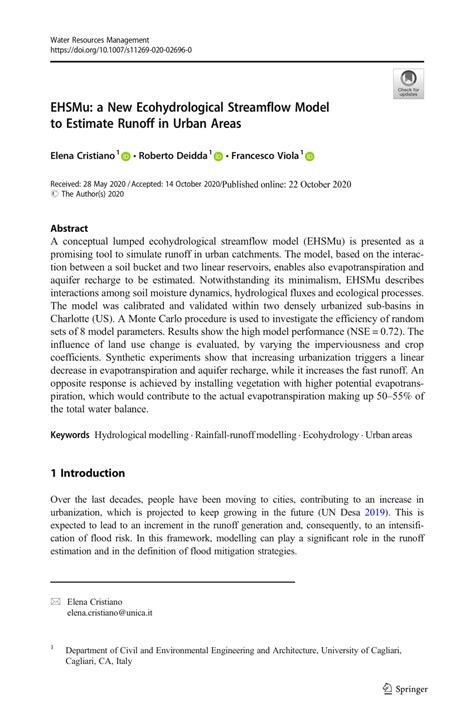 Pdf Ehsmu A New Ecohydrological Streamflow Model To Estimate Runoff In Urban Areas