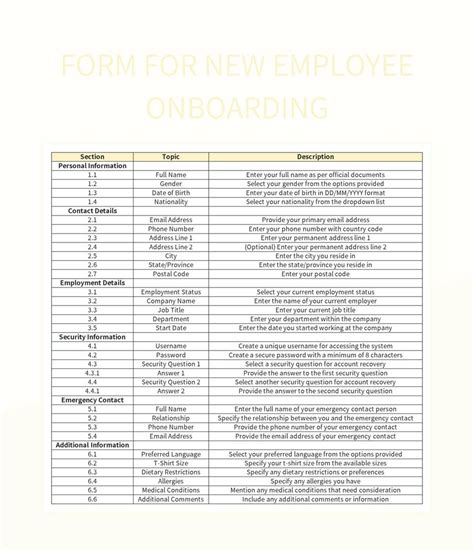 Form For New Employee Onboarding Excel Template And Google Sheets File For Free Download