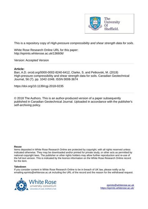 Pdf High Pressure Compressibility And Shear Strength Data For