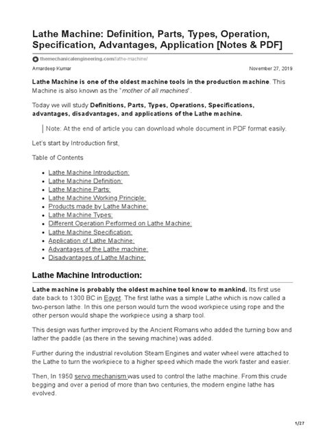 Lathe Machine Definition Parts Types Operation Specification Advantages Application Notes Pdf