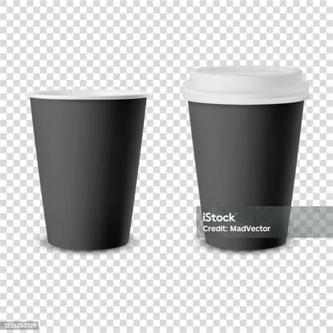 벡터 3d 현실적인 검은 일회용 열고 흰색 뚜껑 아이콘 설정 클로즈업 격리 음료에 대한 종이 또는 플라스틱 커피 컵 디자인