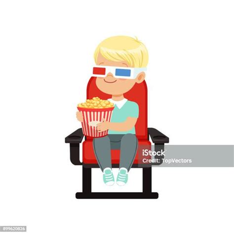 빨간의 자에 앉아서 영화 벡터 일러스트 레이 션에에서 3d 영화를 보고 3d 안경에 귀여운 금발 소년 개념에 대한 스톡 벡터 아트 및 기타 이미지 Istock