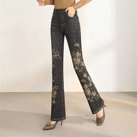 Ferzige 2022 여성용 자수 럭셔리 플레어 팬츠 스키니 스트레치 청바지 하이웨이스트 캐주얼 슬림핏 바지 플러스 사이즈 신상 패션 Aliexpress