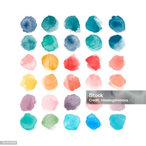 화려한 벡터 수채화 손으로 그린 둥근 모양 얼룩 동그라미 흰색 절연 된 Blob의 집합입니다 예술적 디자인을 위한 그림 물이 튀는에 대한 스톡 벡터 아트 및 기타 이미지
