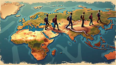 Diverse People Traverse A World Map Depicting Global Migration Due To