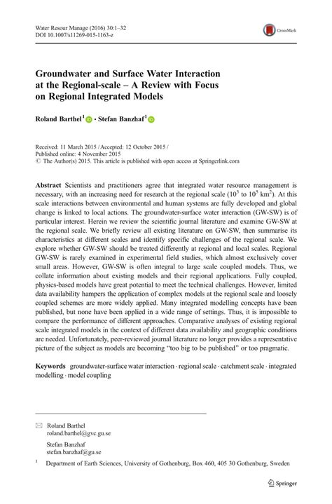 Pdf Groundwater And Surface Water Interaction At The Regional Scale A Review With Focus On