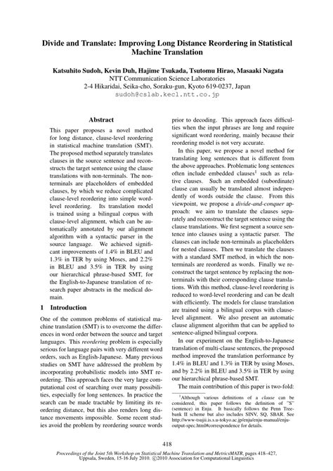 Pdf Divide And Translate Improving Long Distance Reordering In