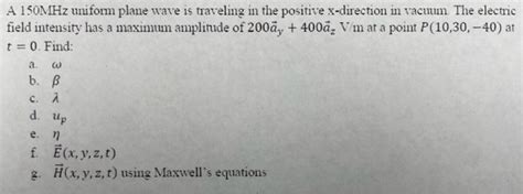 Solved A 150mhz Uniform Plane Wave Is Traveling In The
