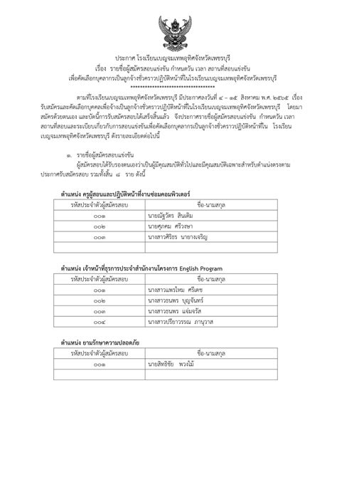 ประกาศรายชื่อและสถาน โรงเรียนเบญจมเทพอุทิศจังหวัดเพชรบุรี