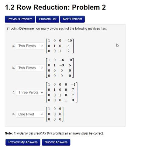 Solved 1 2 Row Reduction Problem 2 Previous Problem Problem Chegg Com