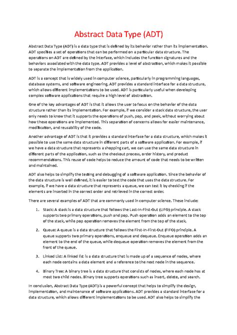 Abstract Data Type Adt Specifies A Set Of Operations That Can Be Performed On A Particular