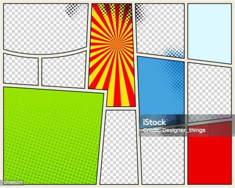 팝 아트 스타일의 방사형 하프 톤 효과와 광선이있는 만화 책 페이지 템플릿 다채로운 빈 배경 벡터 일러스트레이션 복고풍에 대한