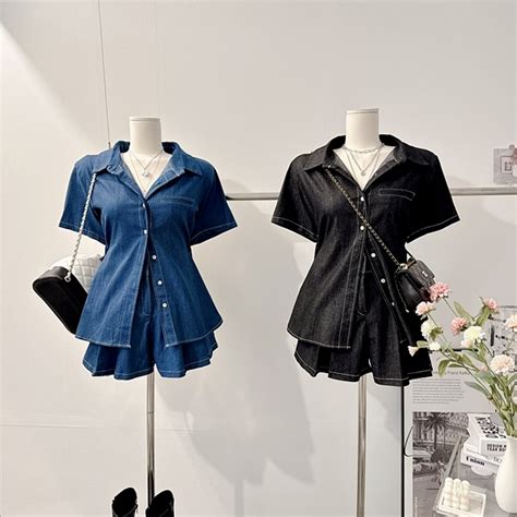 이프유마인 셔츠반바지set하이틴 여름 무빙 Y2k 스티치 데님 청 투웨이 오버핏 슬림핏 사이드 스냅 버튼 반팔 롱 셔츠 블라우스 핀턱 하이웨스트 와이드 반바지 숏