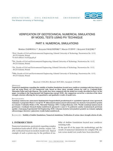 Pdf Verification Of Geotechnical Numerical Simulations By Model Tests Using Piv Technique