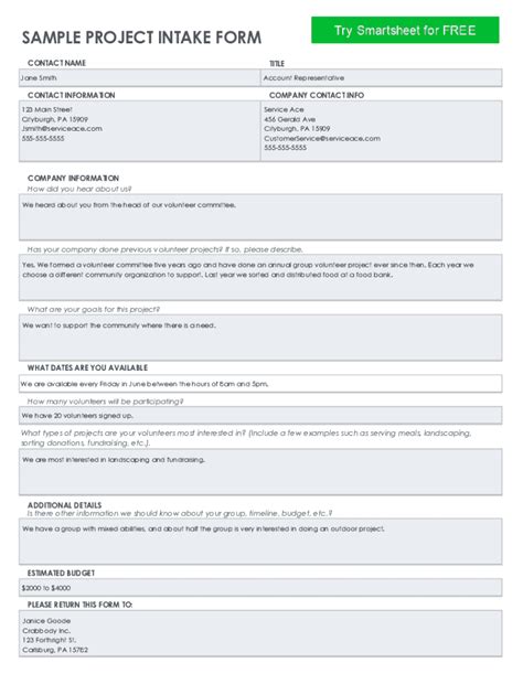 Fillable Online Sample Project Intake Form Smartsheet Fax Email Print Pdffiller