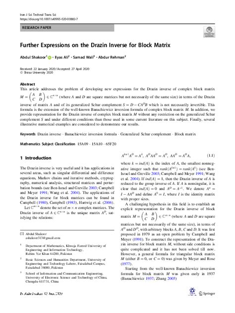 Pdf Further Expressions On The Drazin Inverse For Block Matrix