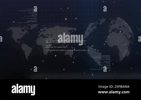 World Map With Data Points And Coding Animation Over Dark Grid Background Technology Mapping