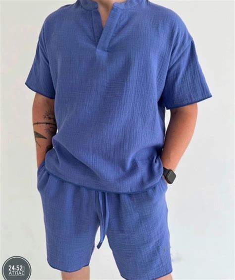 Мужской костюм двойка из натуральной ткани Футболка шорты Ткань Муслин Размер 46 48 5