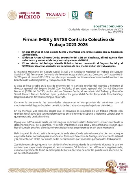 Boletín Conjunto Firman Imss Y Sntss Contrato Colectivo De Trabajo