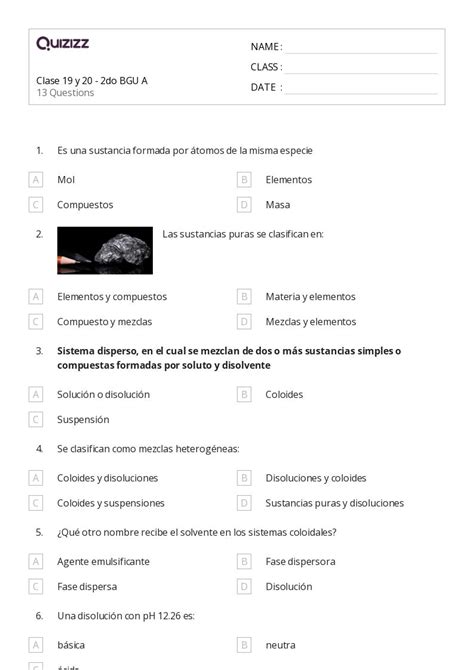 50 Elementos Y Compuestos Hojas De Trabajo Para Grado 12 En Quizizz