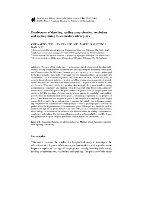 Pdf Development Of Decoding Reading Comprehension Vocabulary And