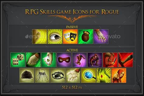 This Is A Pack Of 20 RPG Rogue Skill Icons Package Includes 5 Passive Skills 15 Active Skills