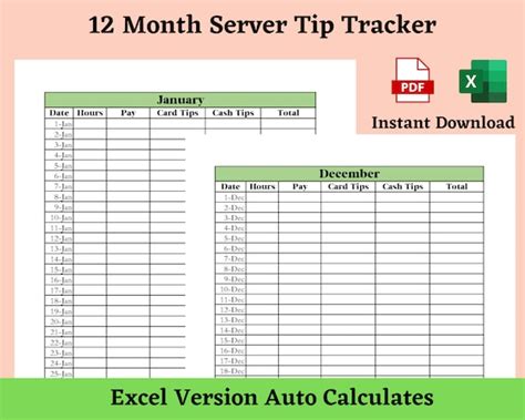 Server Tip Tracker Tip Tracker Template Printable Tip Etsy