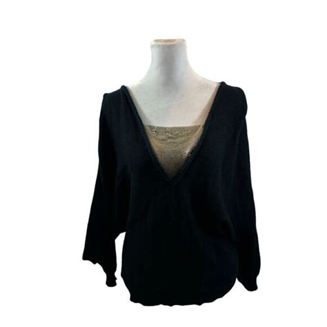Gitano Sweaters Rare 98s Gitanoknits Black V Neck Batwing Sweater With Silver Mesh Large