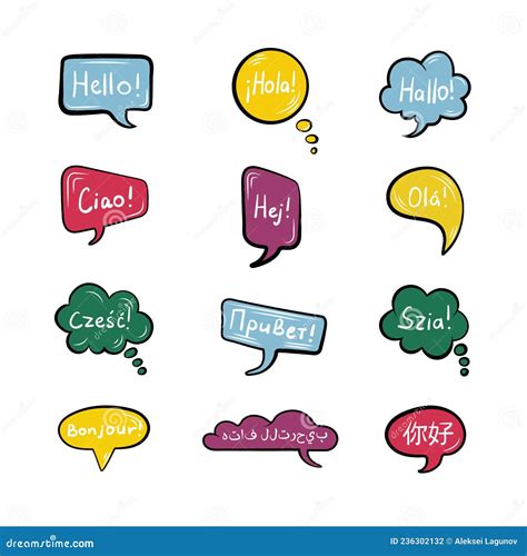 Vector Set Of Speech Bubbles With Hello Words Different Languages Flat Set Word Frames