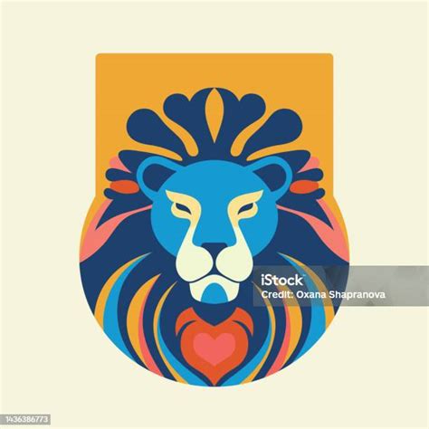 라이온 헤드 아르누보 빈티지 아트 스타일의 벡터 배지 기호 개념 일러스트레이션 야생 고양이 그래픽 아트 공격적인 포식자 평면