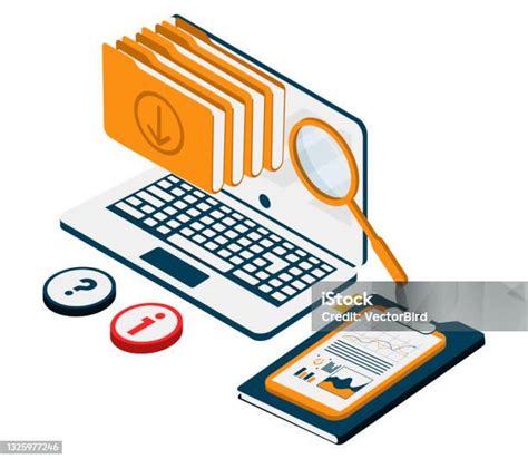 회색 배경에 Isometric 벡터 그림 파일폴더를 보고 컴퓨터 근처의 유리 확대 파일 작업 감시에 대한 스톡 벡터 아트 및 기타 이미지 Istock