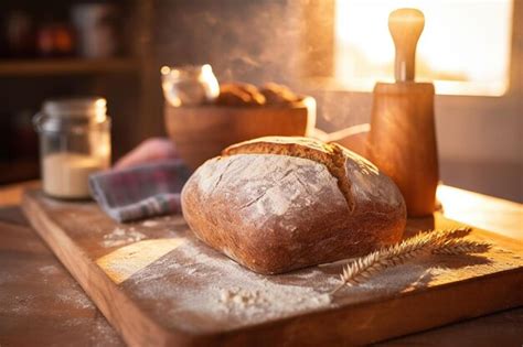 Premium Ai Image Rustic Bread Loaf On Vintage Cutting Board At Sunrise