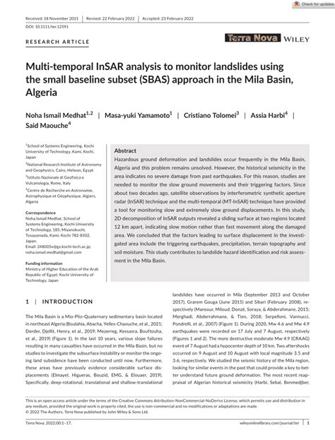 Pdf Multi‐temporal Insar Analysis To Monitor Landslides Using The Small Baseline Subset Sbas