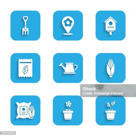 세트 급수 캔 꽃 냄비 식물 옥수수 자루 식물 새 집과 정원 레이크 아이콘의 씨앗으로 가득 팩 벡터 0명에 대한 스톡 벡터 아트 및 기타 이미지 Istock