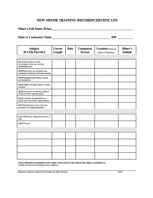 New Miner Training Recordcertificate Msha Msha Form Fill Out And