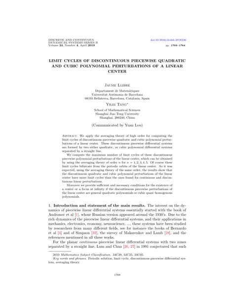 Pdf Limit Cycles Of Discontinuous Piecewise Quadratic And Cubic