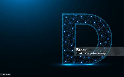 Letter D 낮은 폴리 디자인 알파벳 추상 기하학적 이미지 글꼴 와이어 프레임 메쉬 다각형 벡터 일러스트는 어두운 파란색 배경에 포인트와 선으로 만든 알파벳 D에 대한