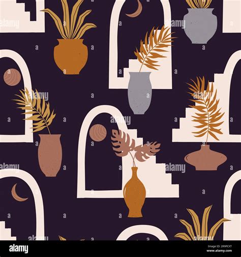 Vector Contemporary Seamless Pattern With Aesthetic Hand Drawn Abstract Plants Pots Moroccan