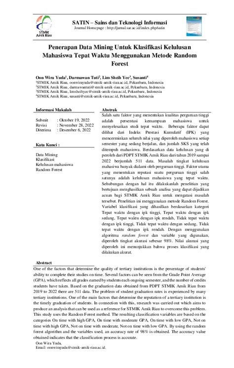 Pdf Penerapan Penerapan Data Mining Untuk Klasifikasi Kelulusan