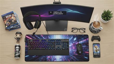 Overhead View Of A Complete Gaming Setup With Monitor Keyboard Mouse