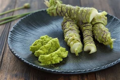 Japanese Wasabi Paste On Wooden Table Fresh Root Of Wasabi Plant