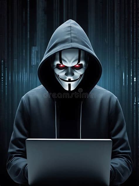 Hacker Wearing The Anonymous Mask And Hoodie On Dark Binary Code Background Stock Illustration