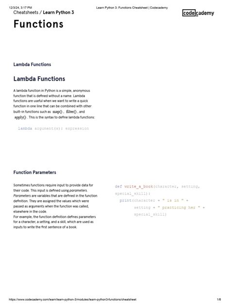 Learn Python 3 Functions Cheatsheet Codecademy Pdf Parameter Computer Programming