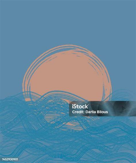 그림 부드러운 일몰이나 바다의 새벽 미니멀리스트 스타일의 아름다운 바다 경치 추상 오렌지 태양과 푸른 하늘에 푸른 바다 강에 대한 스톡 벡터 아트 및 기타 이미지 Istock