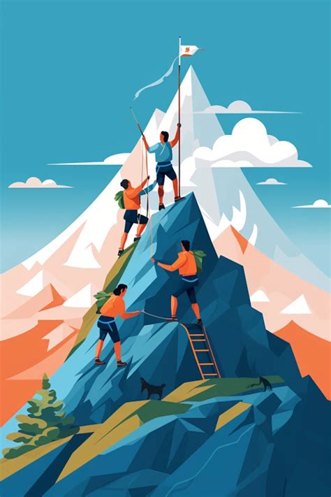 攀登山峰扁平化企业文化团队协作场景插画 花瓣网