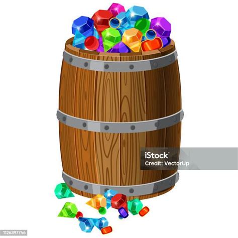 보물 보석 다이아몬드 에메랄드 보석 알코올 와인 럼 주 맥주와 다른 음료 또는 보물 화약에 대 한 금속 줄무늬와 함께 나무 배럴 흰색 배경에 고립 벡터 일러스트입니다 만화